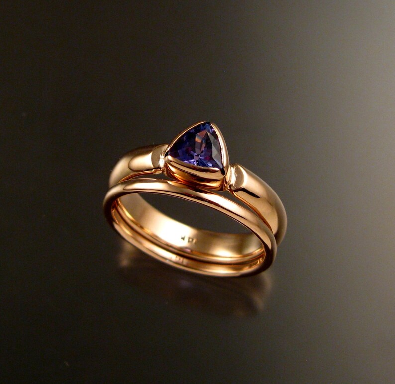 Tanzanite Triangle Wedding Set Handcrafted in 14k Rose Gold Two Ring ...