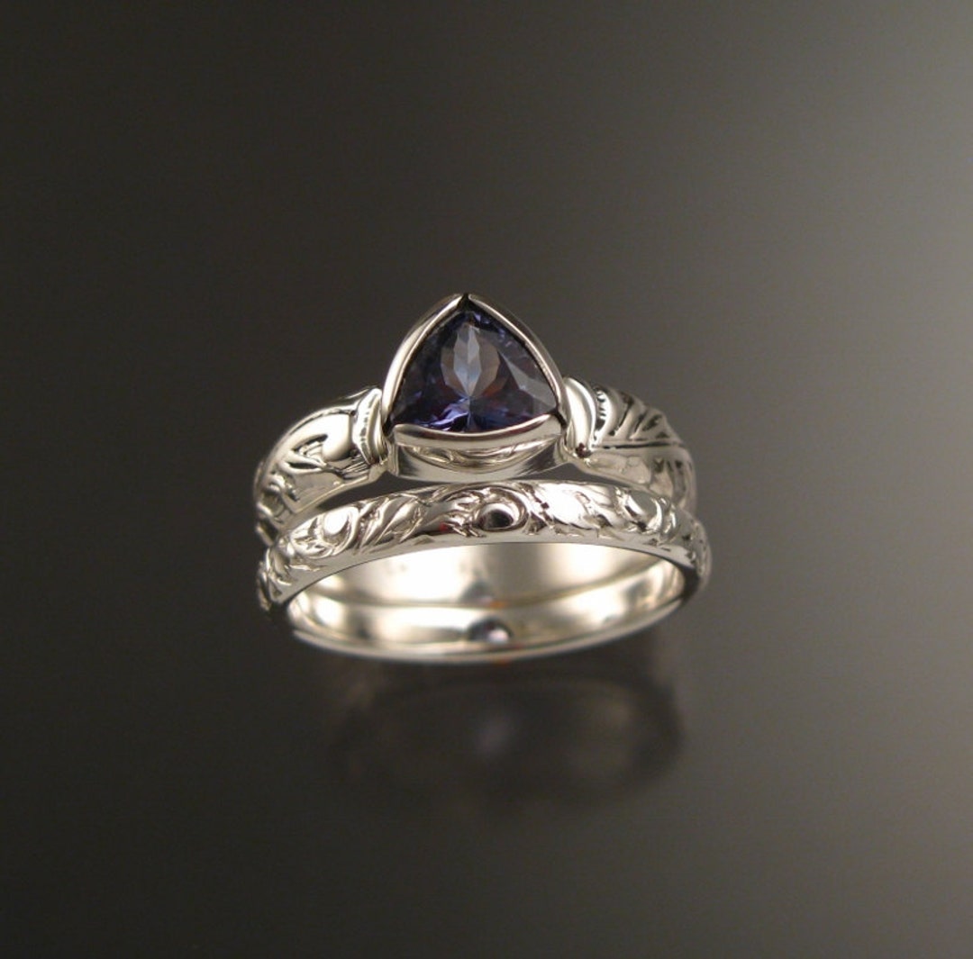 Tanzanite Triangle Wedding Set Natural Violet Gemstone Bezel Set ...