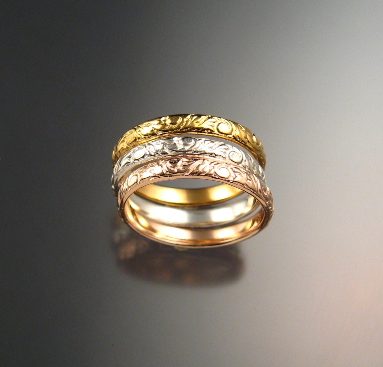 Stackable 14k Gold 2.5 Wide Floral Pattern Band Tri Color Ring | Etsy