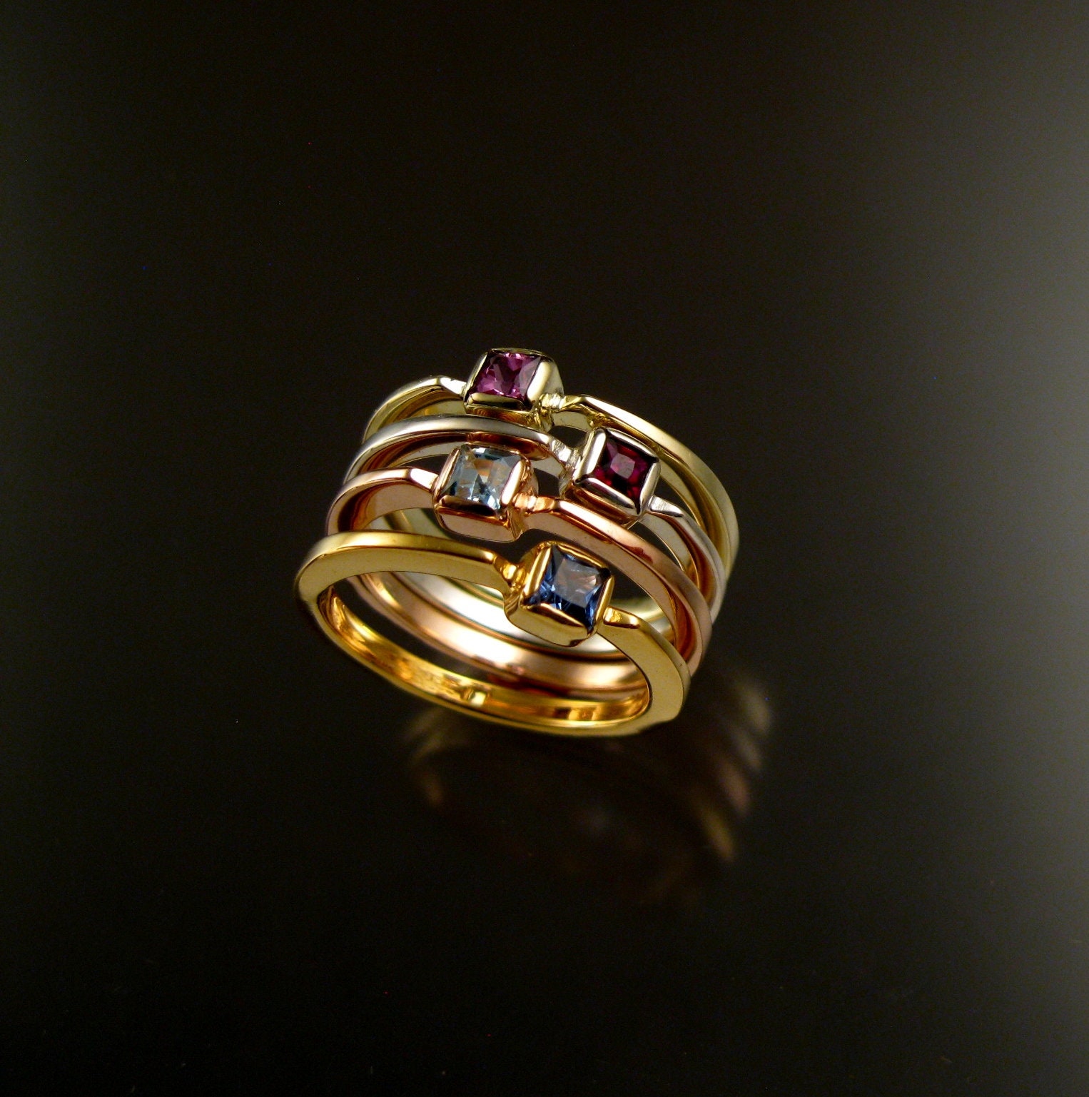 Stackable Mothers Birthstone ring set of Four square stone 14k Yellow ... Stackable Mothers Birthstone ring set of Four square stone 14k Yellow ...