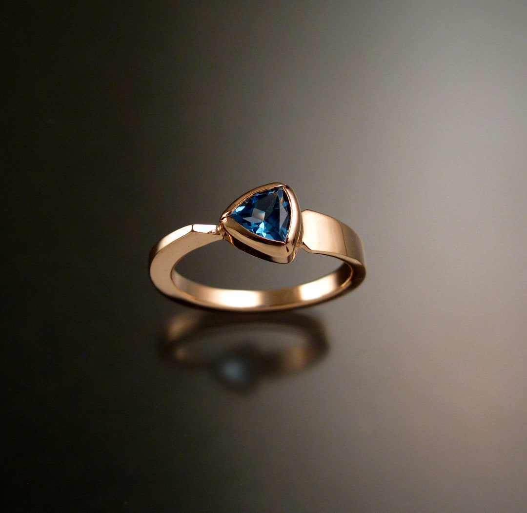 Blue Topaz Triangle Ring 14k Rose Gold Bezel Set Stone Asymmetrical ...
