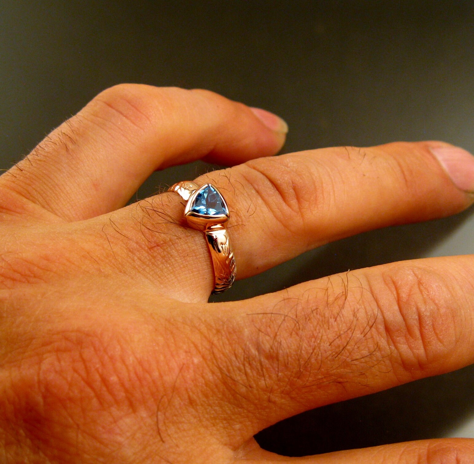 Blue Topaz Triangle Ring 14k Rose Gold Victorian Bezel Set Stone Ring