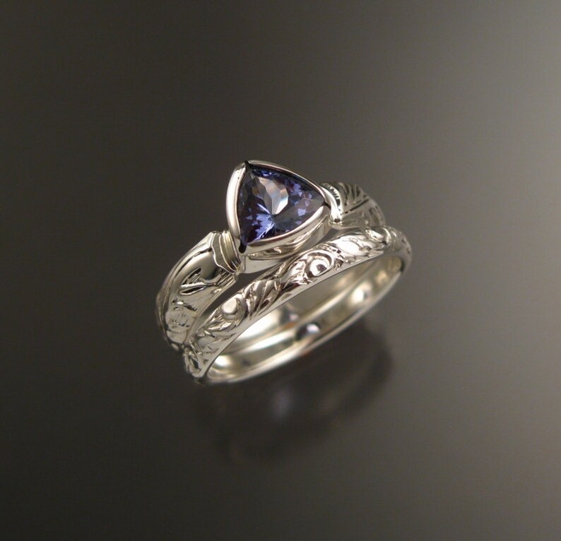 Tanzanite Triangle Wedding Set Natural Violet Gemstone Bezel - Etsy
