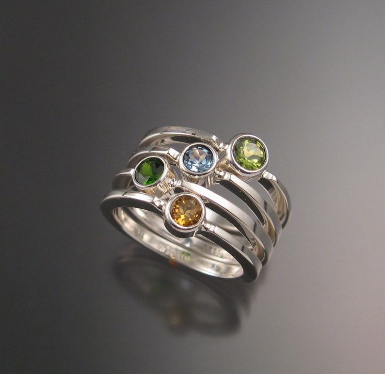 Stackable Mothers Birthstone Ring Set of Four Sterling Silver | Etsy