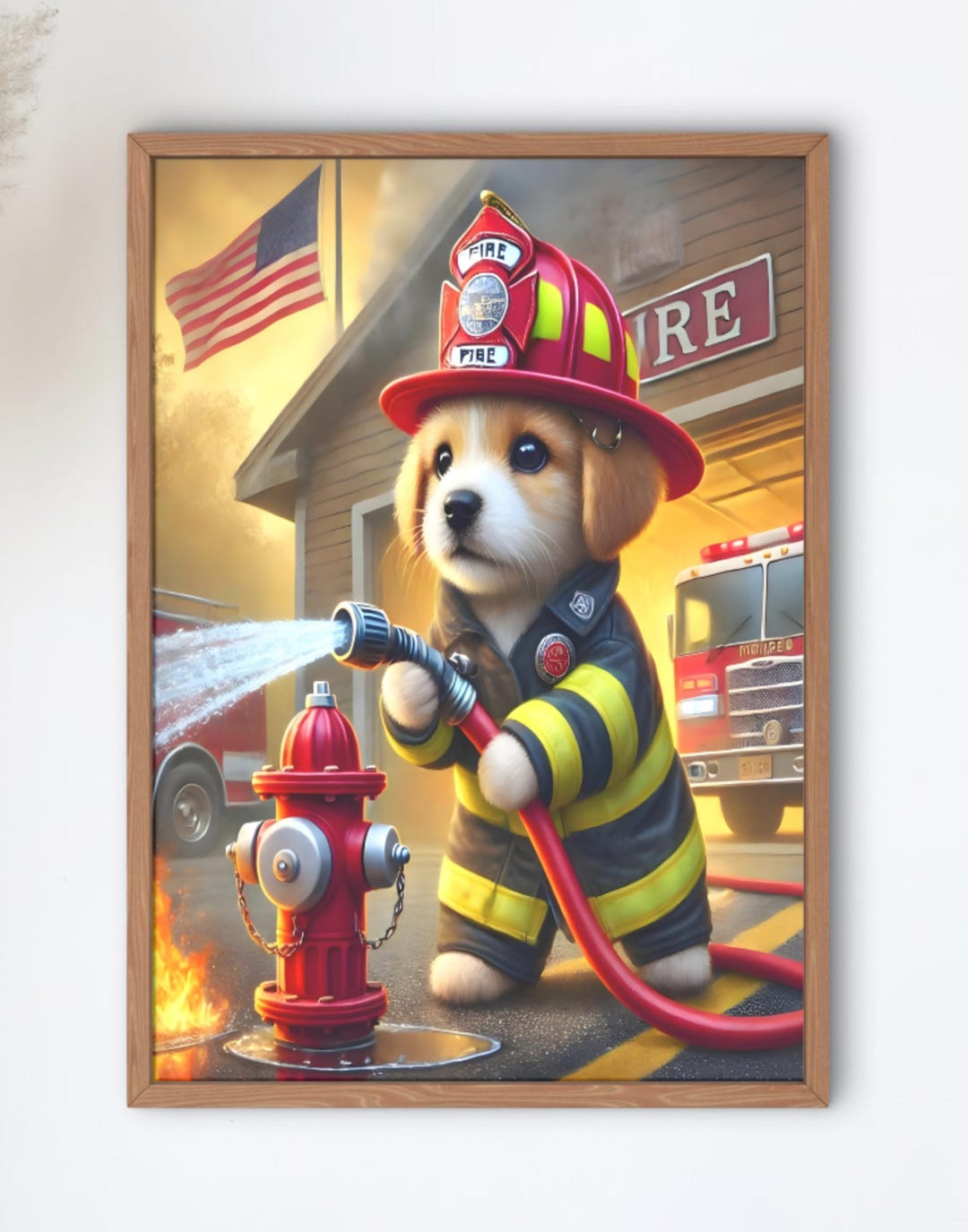 Cute Firefighter Dog Digital Art – Puppy Fireman Printable Wall Decor ...