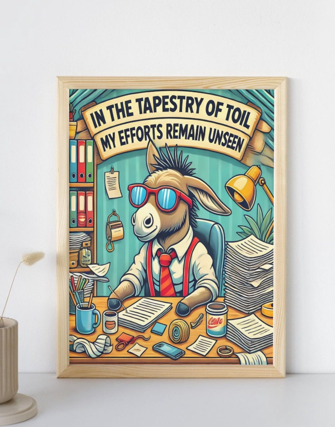 Cute Donkey Wall Art, Donkey in Office Working, Office Humor Wall Decor ...