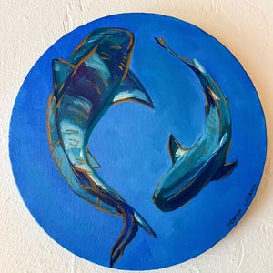 Two Sharks Original Oil Painting. 10”x10”x1”. Hand-made Oil Painting on ...