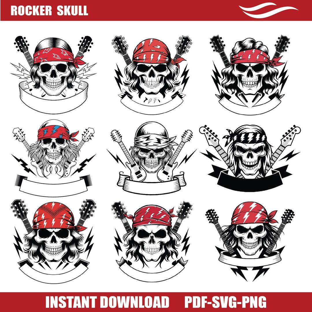 Rocker Skull SVG Bundle, Guitar Skull PNG, Biker Rock Band SVG, Heavy ...