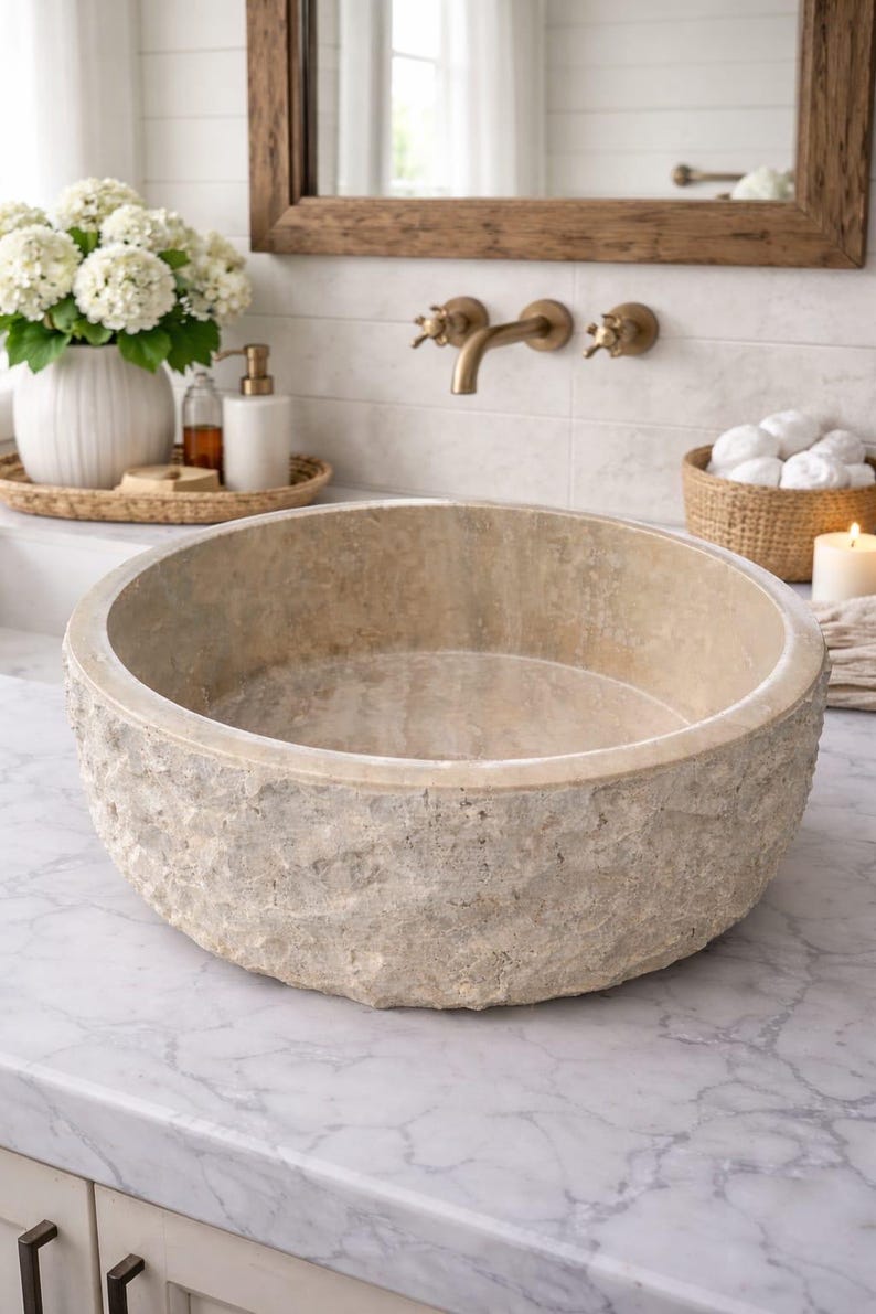 Handmade Travertine Stone Vessel Sink | 16 Inch Rustic Bathroom Basin ...