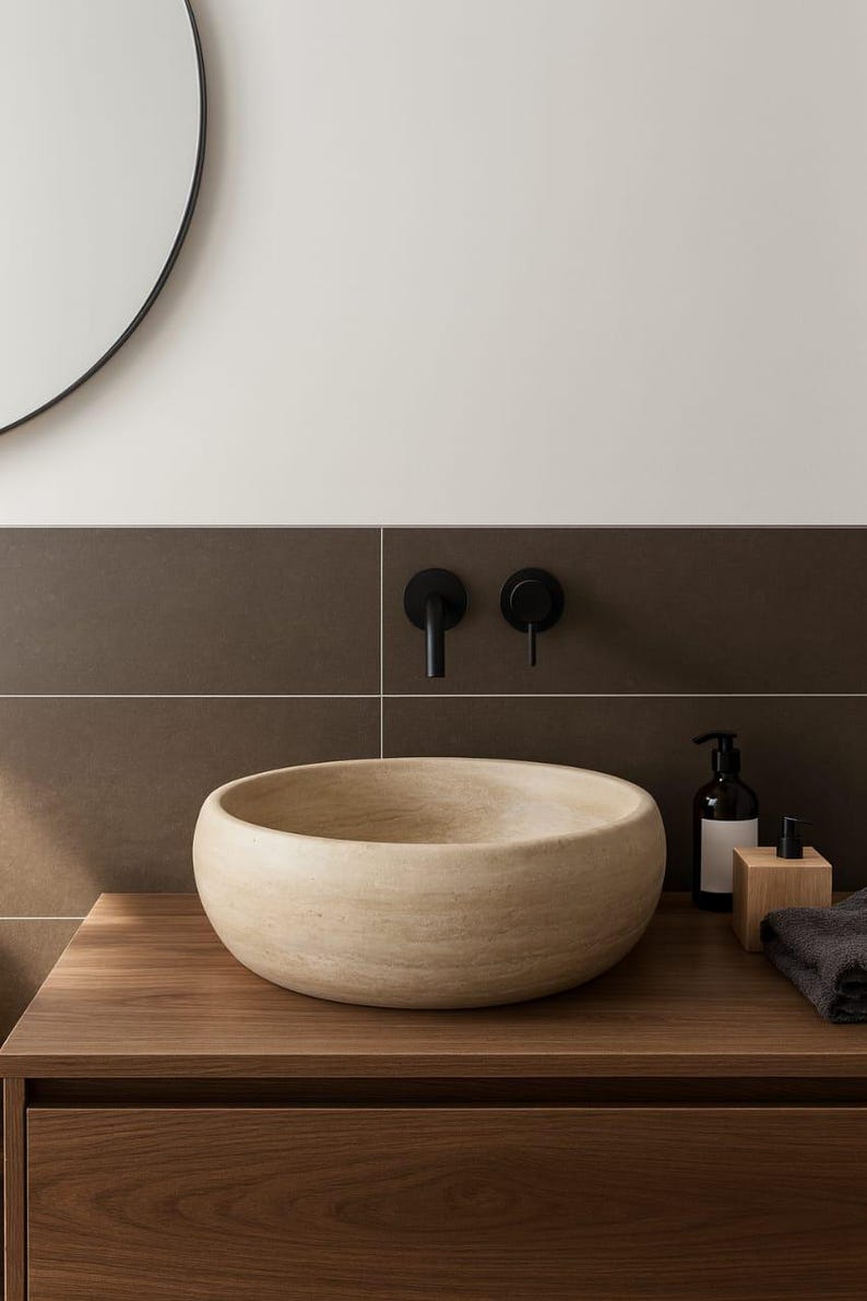 16 Inch Round Travertine Stone Sink | Natural Stone Vessel Basin ...