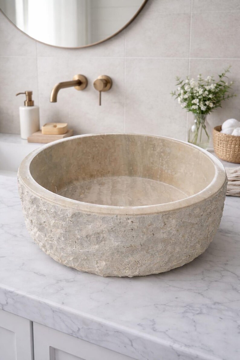 16 Inch Round Travertine Stone Vessel Sink | Rustic Outside Polished ...