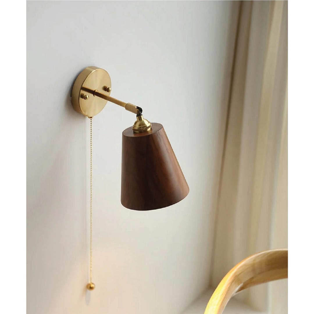 Wooden Wall Lamp, Plugin Wall Sconce, Wood Brass Wall Light, Wood Wall ...