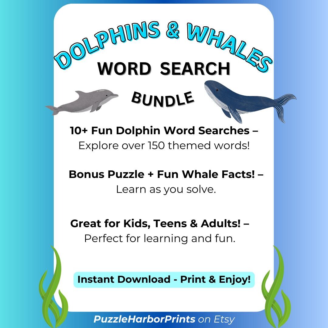 Printable Dolphins & Whales Word Search 10 Puzzles Bonus Fun for All ...