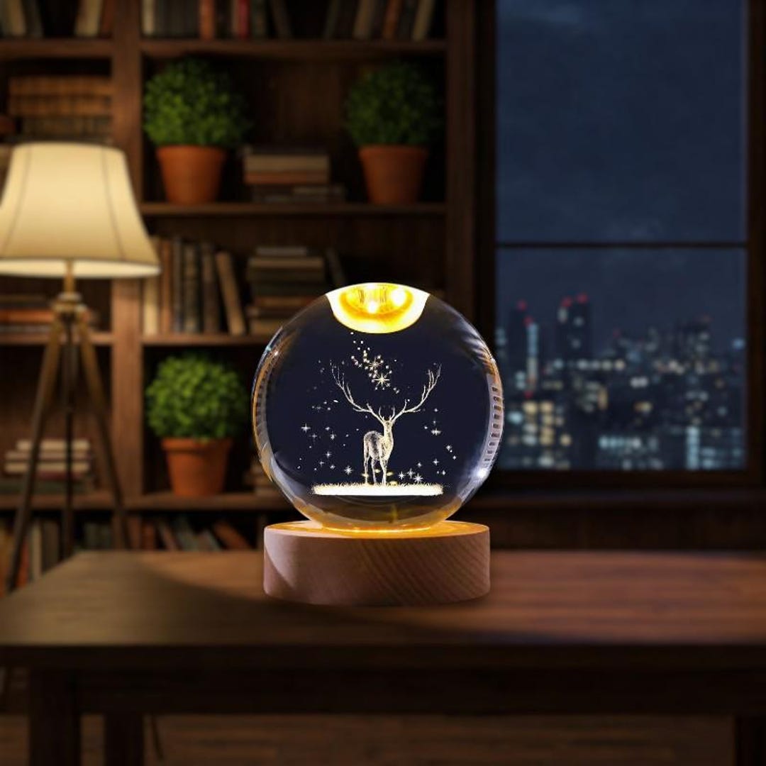 3D Crystal Deer Night Light, Crystal Ball Deer Lamp, Engraved Deer ...