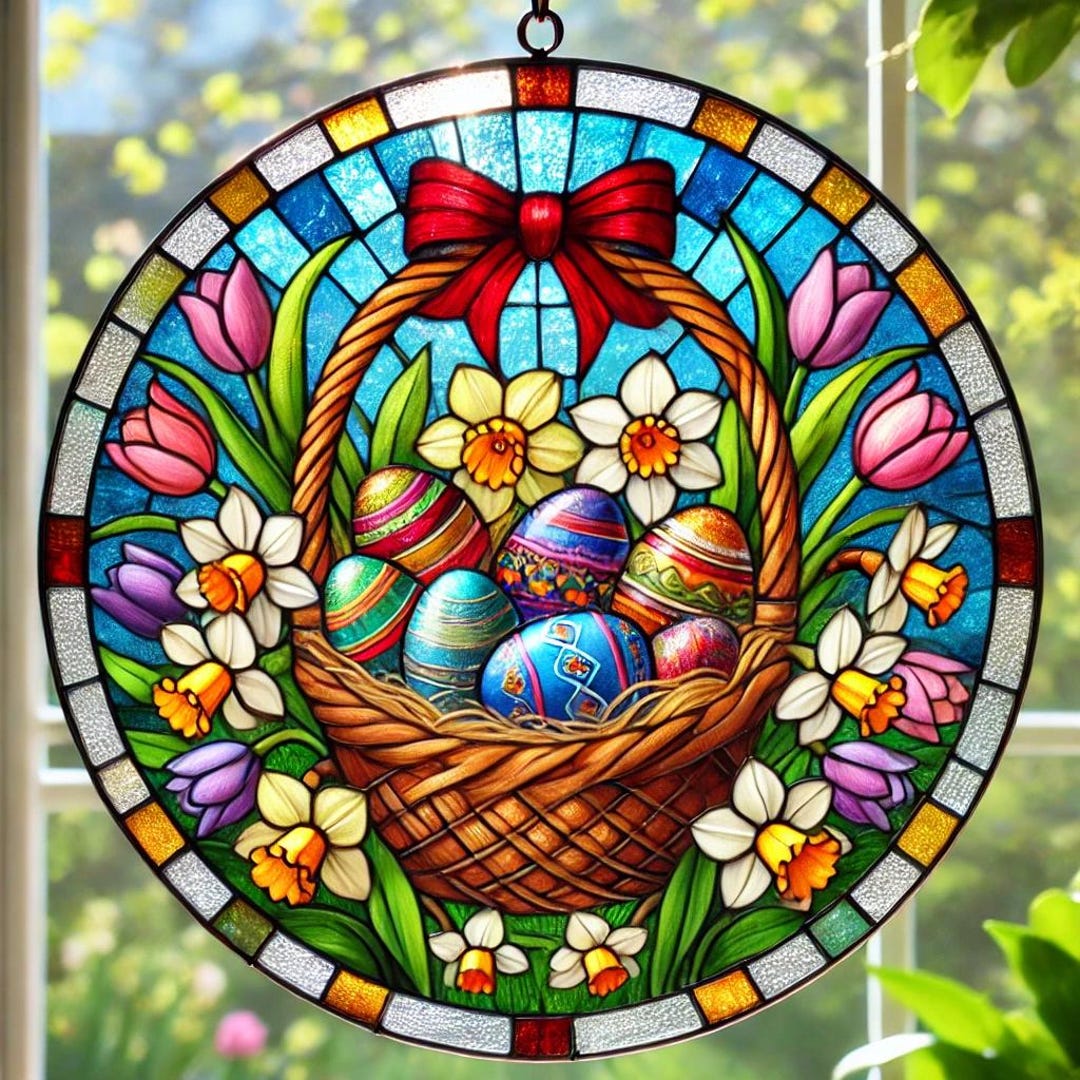 Stained Glass Easter Basket Suncatcher, Easter Egg Stained Glass Panel ...