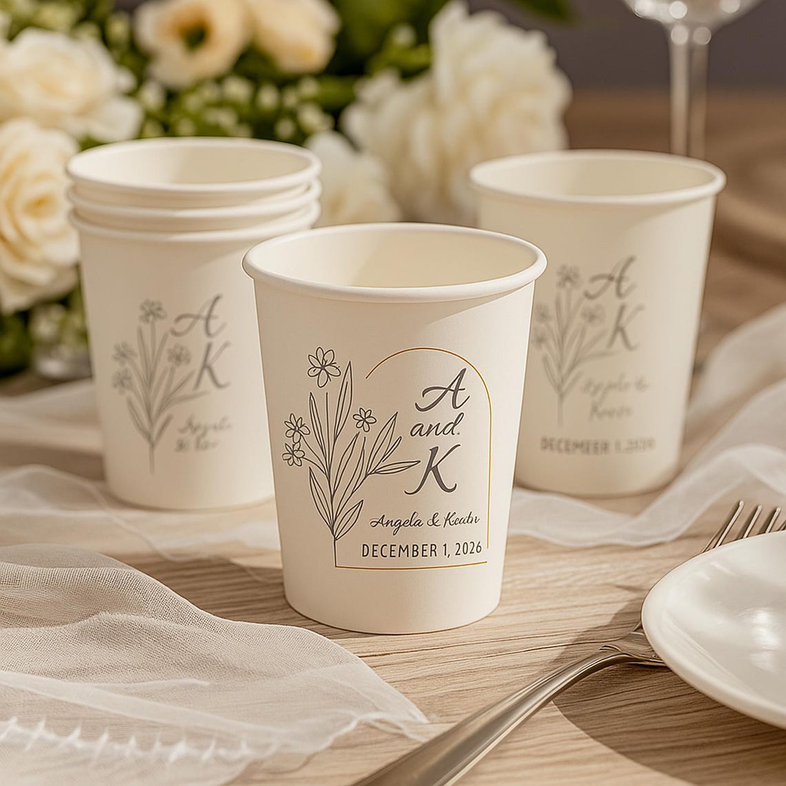 Custom Floral Wedding Cups With Names and Date – Monogram Paper Cups ...