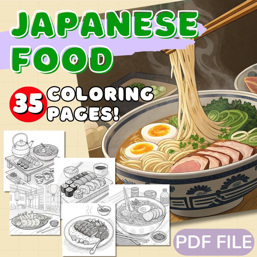 Japanese Food Coloring Book for Adults – 35 Pages of Anime Food ...