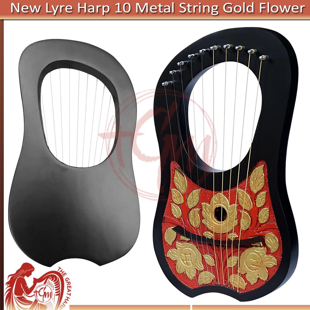10 String Lyre Harp Black Gold Flowers Celtic Wooden Harp for Beginners & Kids Small Folk ...