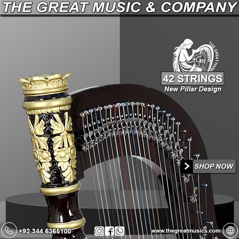 42 String Lever Harp Full Range Celtic Pillar Harp Handcrafted Solid ...