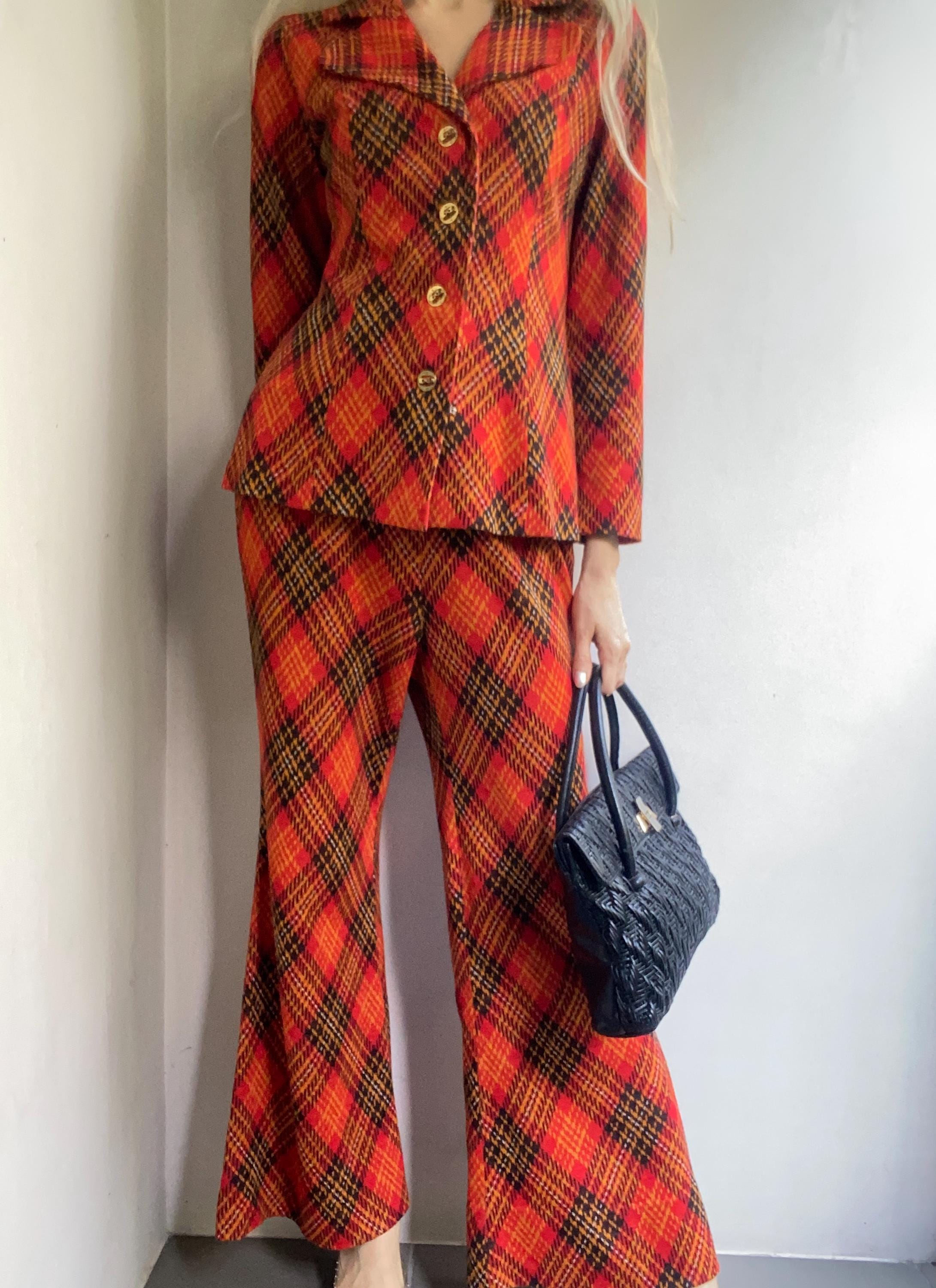 Bright Women's Suit 70s Style Retro Party Costume Checkered Red Suit With Jacket and Trousers ...