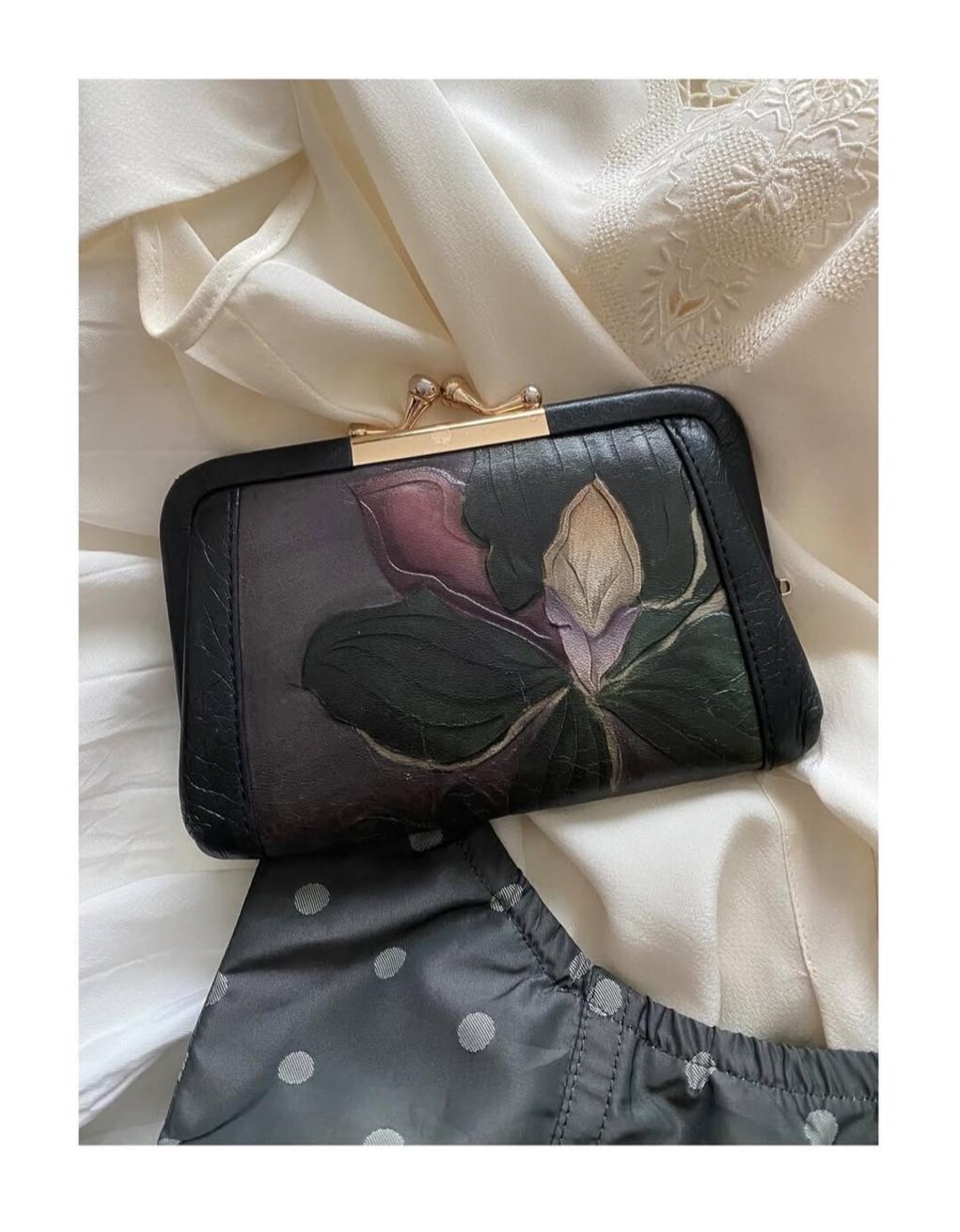 Retro Style Wallet Black Small Womens Wallet From Leather With Orchids ...