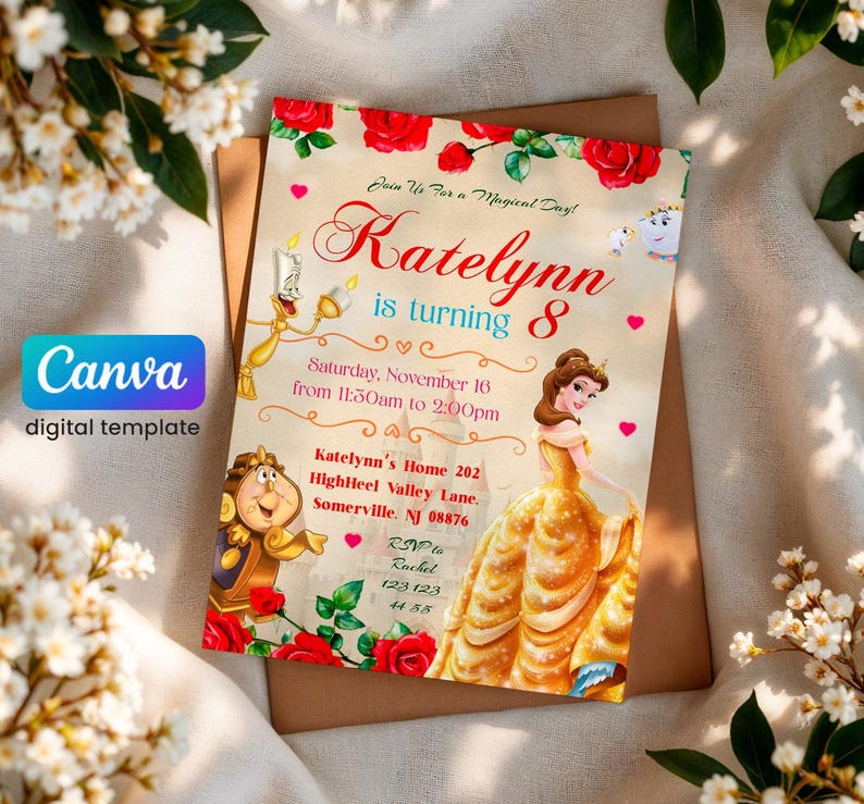 Princess Belle Birthday Invitation, Girl Editable Invite Template ...