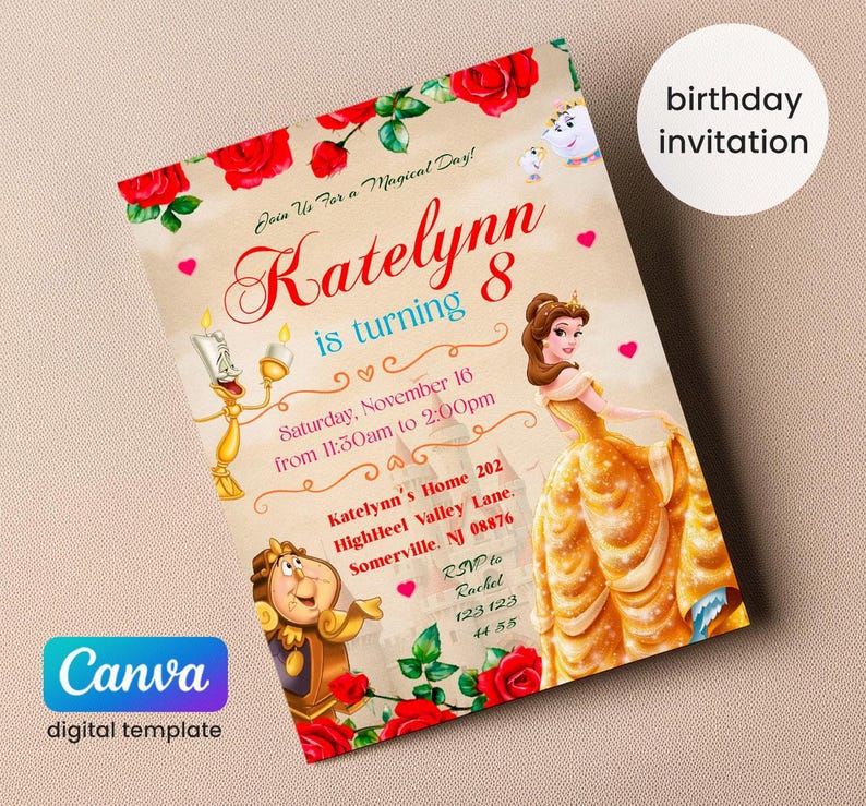 Princess Belle Birthday Invitation, Girl Editable Invite Template ...