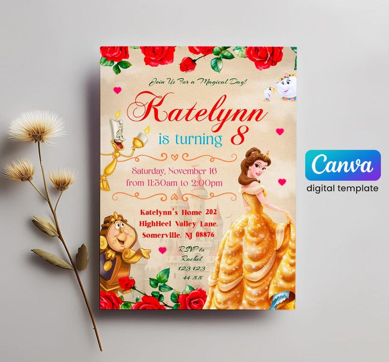 Princess Belle Birthday Invitation, Girl Editable Invite Template ...