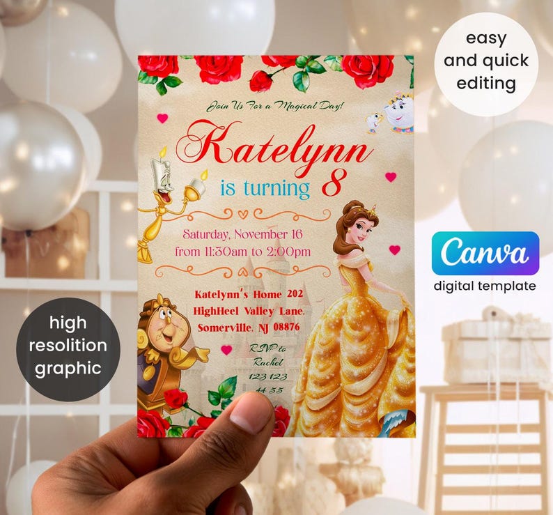 Princess Belle Birthday Invitation, Girl Editable Invite Template ...
