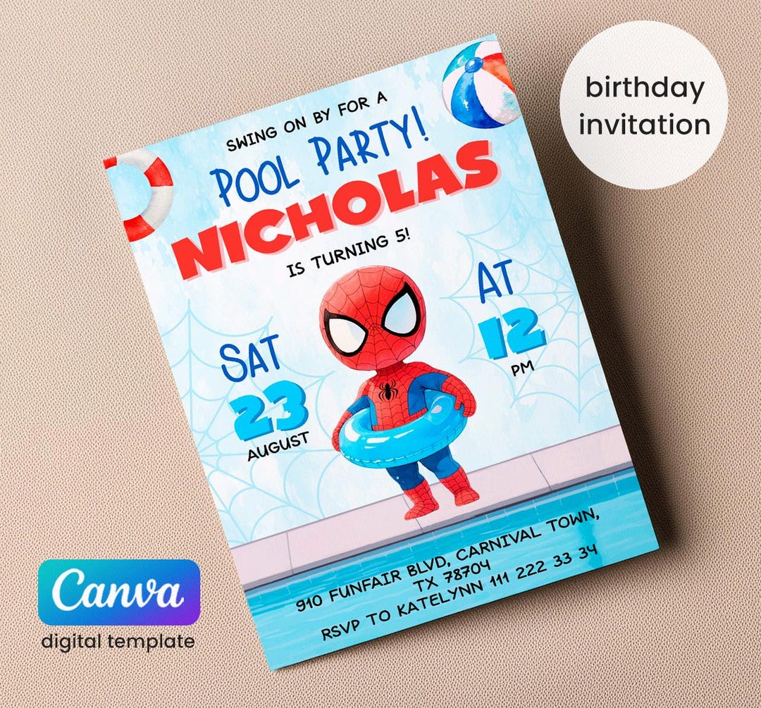 Spidey Pool Party Invitation, Editable Superhero Birthday Invite, Swim ...