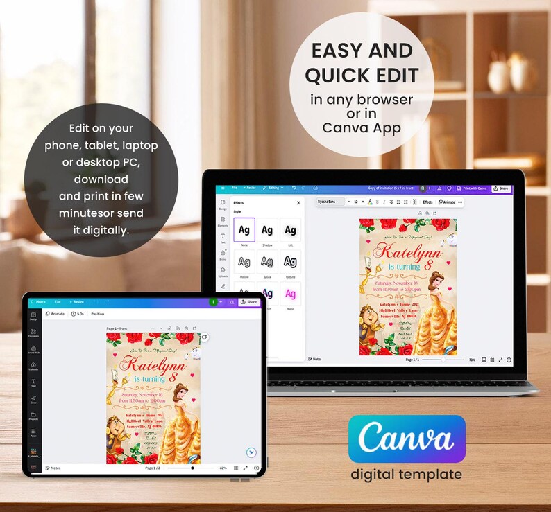 Princess Belle Birthday Invitation, Girl Editable Invite Template ...