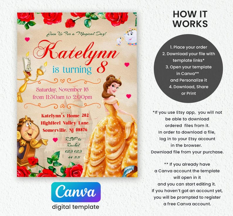 Princess Belle Birthday Invitation, Girl Editable Invite Template ...