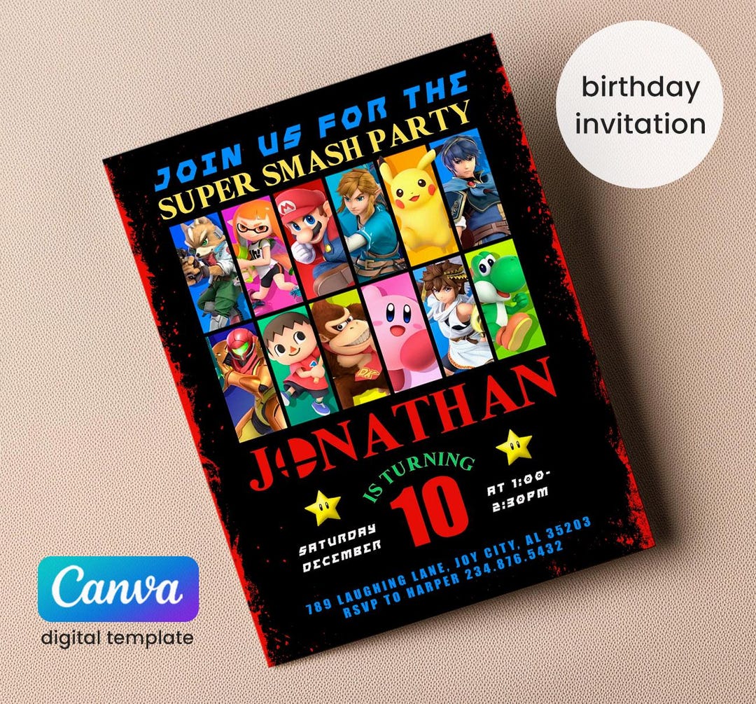 Printable Smash Bros Invitation, Fighting Birthday Invite, Editable ...