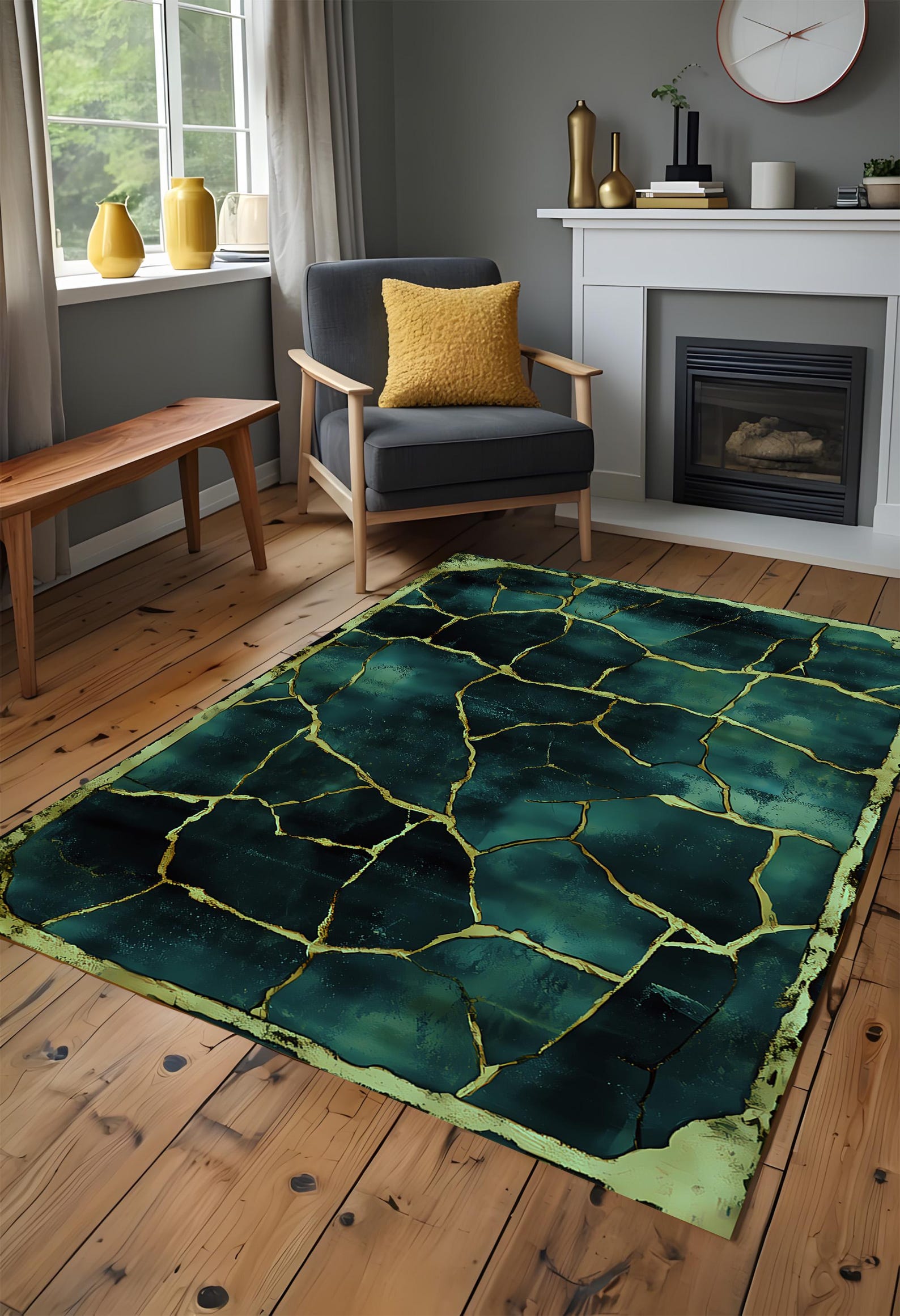 Luxury Emerald Green Rug With Gold Veins, Modern Abstract Area Rug ...