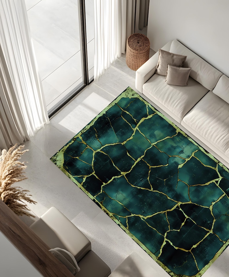 Luxury Emerald Green Rug With Gold Veins, Modern Abstract Area Rug ...