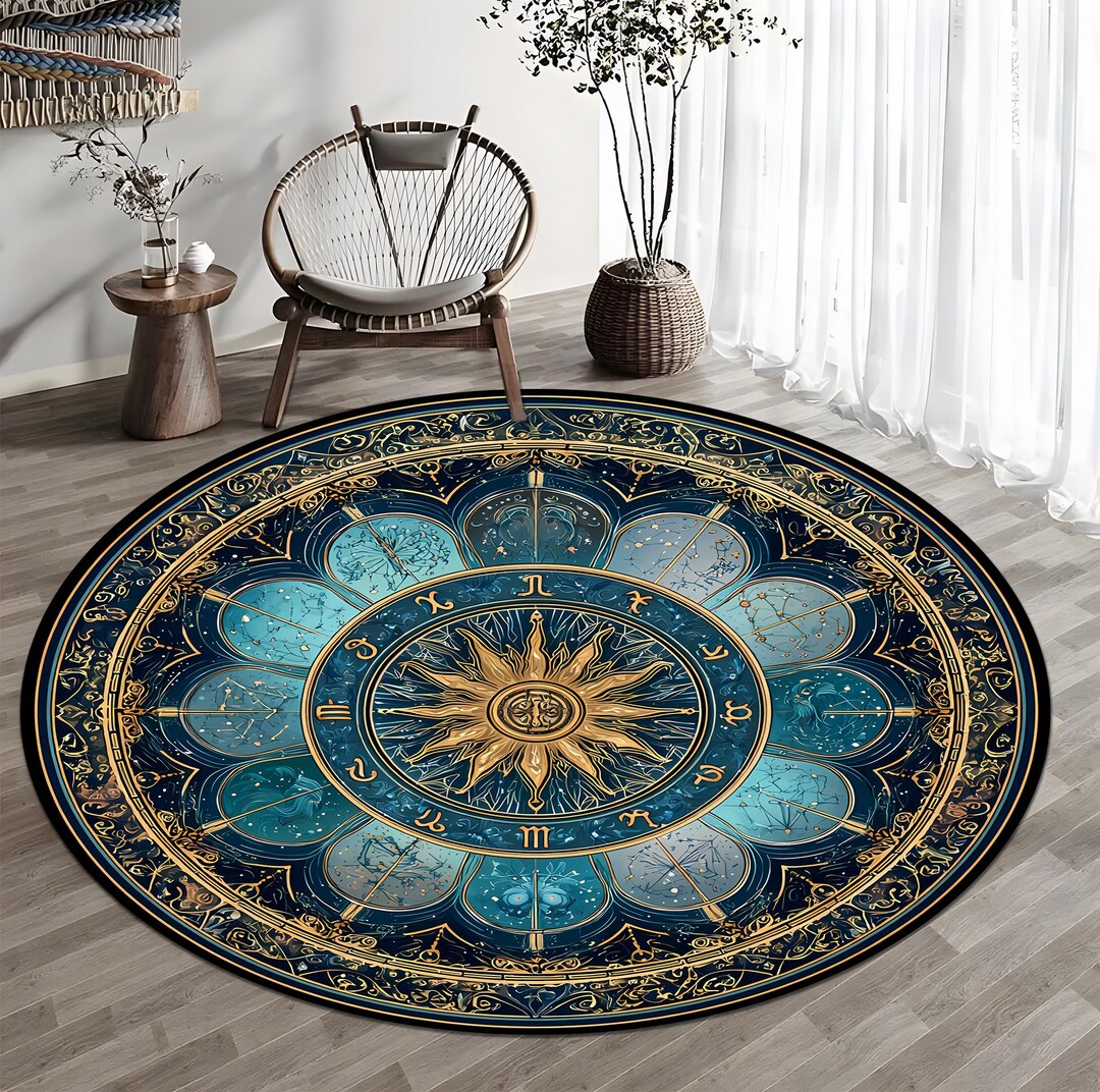 Round Zodiac Rug, Astrology Carpet, Celestial Constellation Sun Moon ...