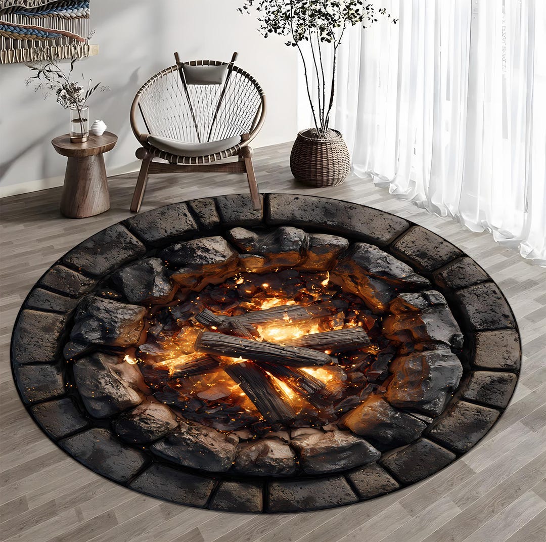 Round Campfire Rug for Living Room, 3D Fire Pit Floor Mat With Stone ...