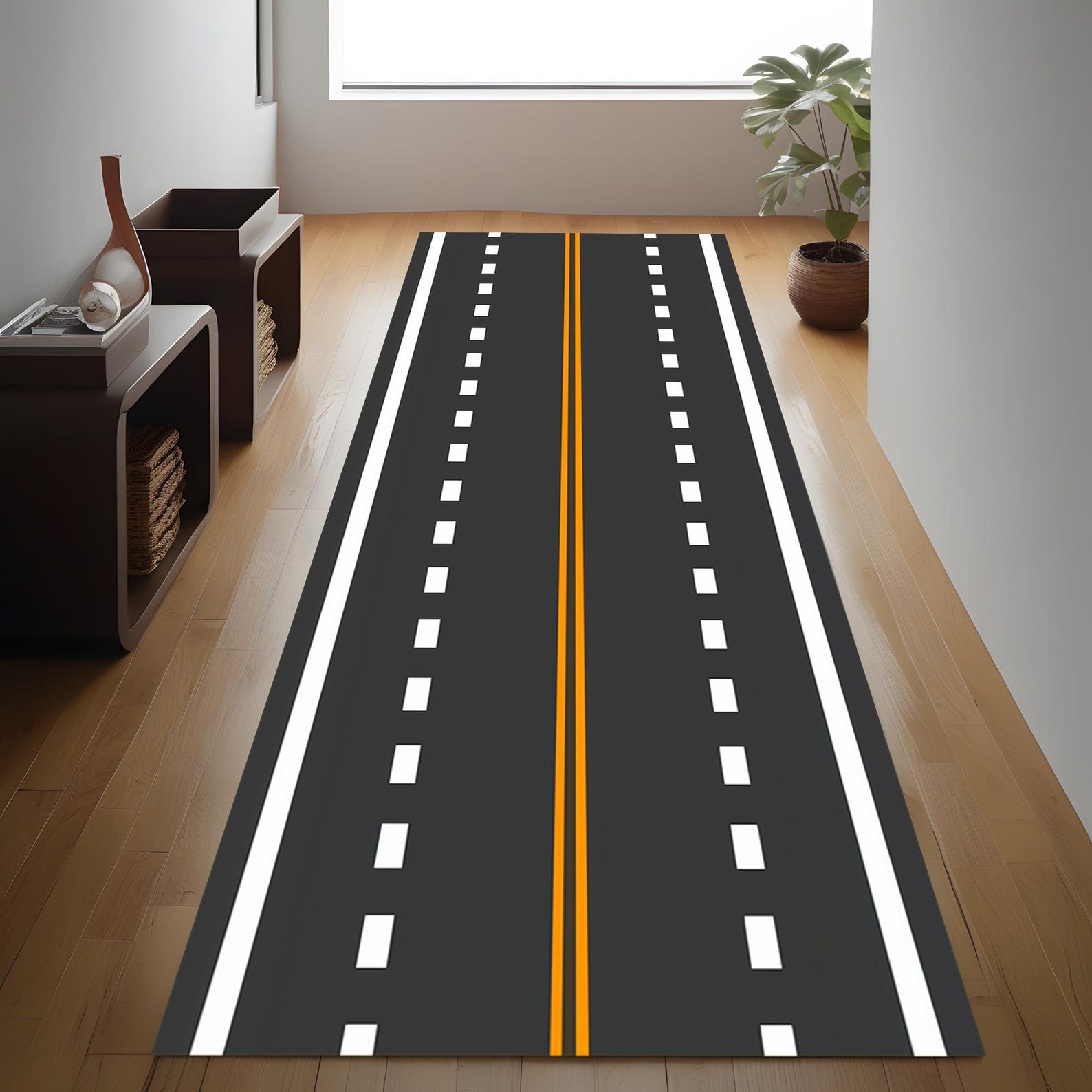 Modern Road Runner Rug for Kids Room or Playroom Decor, Fun Black ...
