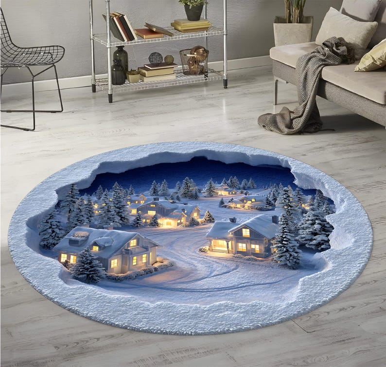 3D Snow Village Round Rug, Winter Scene Carpet for Living Room ...