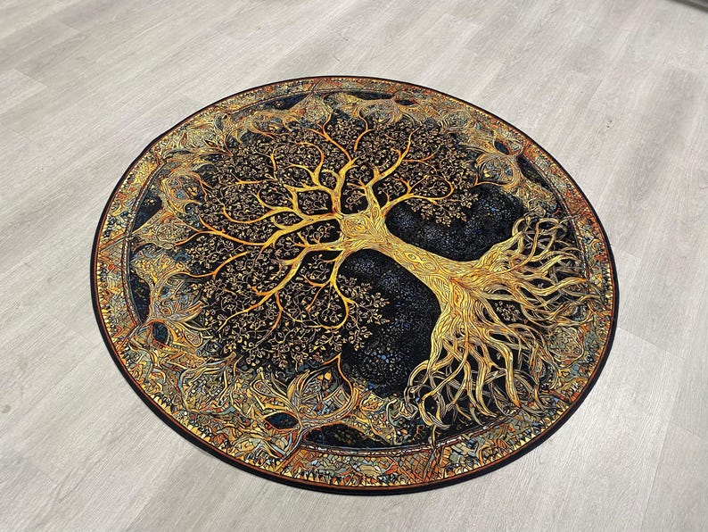 Tree of Life Round Rug, Boho Spiritual Carpet With Sacred Roots and ...