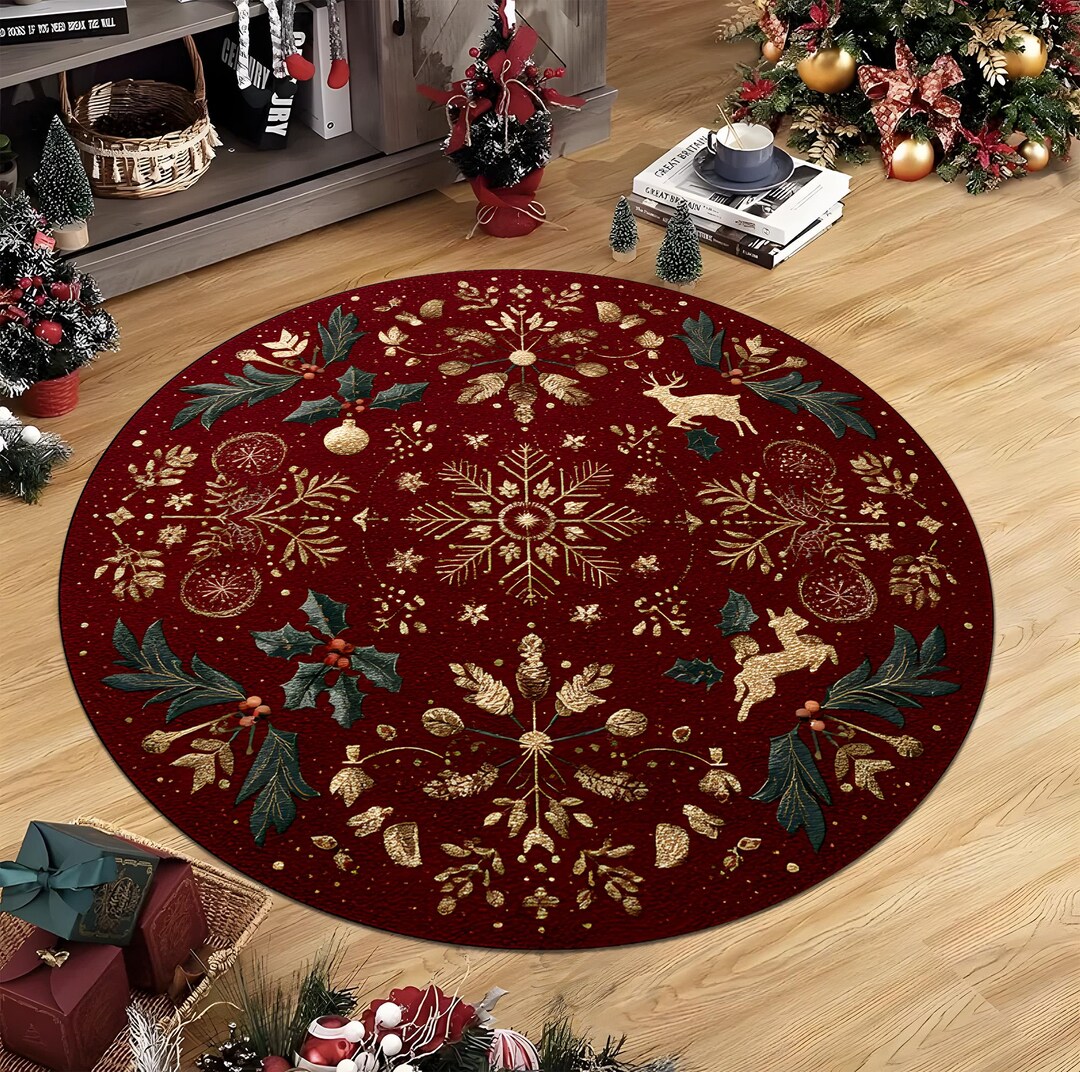 Red Christmas Round Rug, Elegant Holiday Carpet With Gold Snowflake and ...