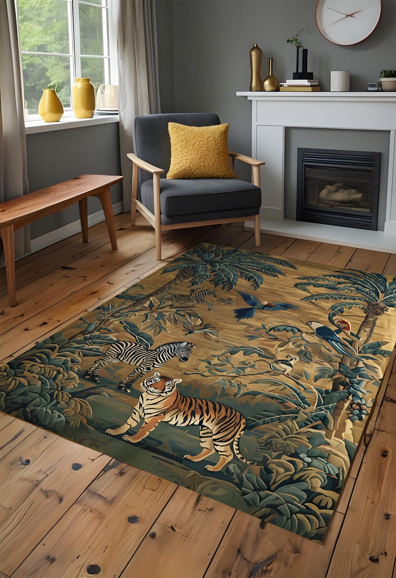 Jungle Safari Area Rug, Tropical Animal Print Carpet, Luxury Boho Home ...