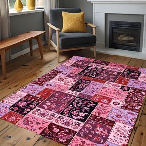 Pink Persian Inspired Area Rug, Floral Boho Carpet, Vintage Style ...
