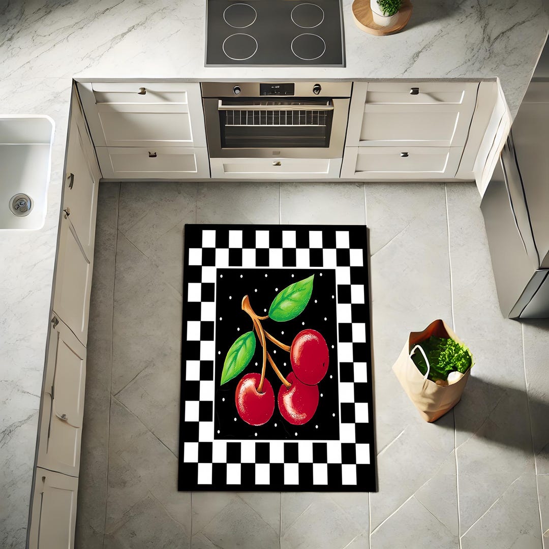 Cherry Kitchen Rug With Checkered Border, Retro Fruit Floor Mat for ...