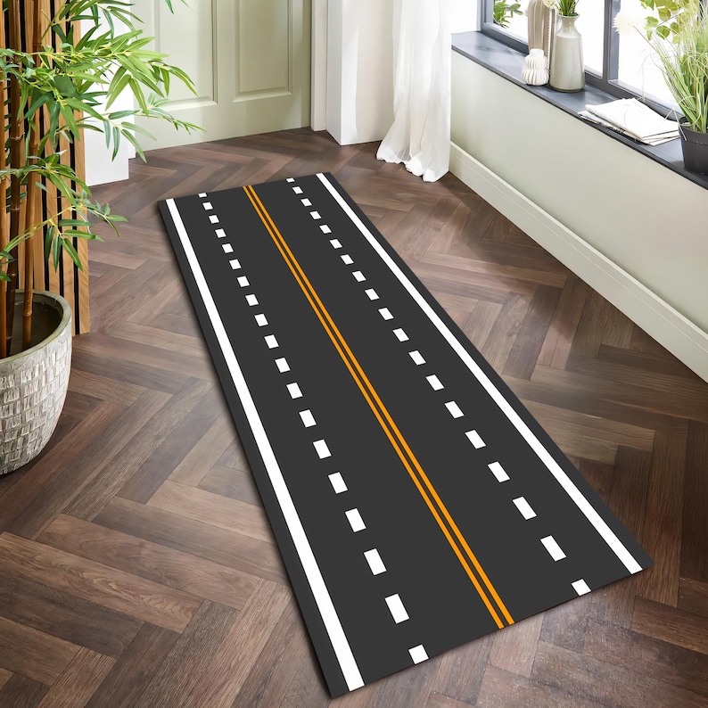 Modern Road Runner Rug for Kids Room or Playroom Decor, Fun Black ...