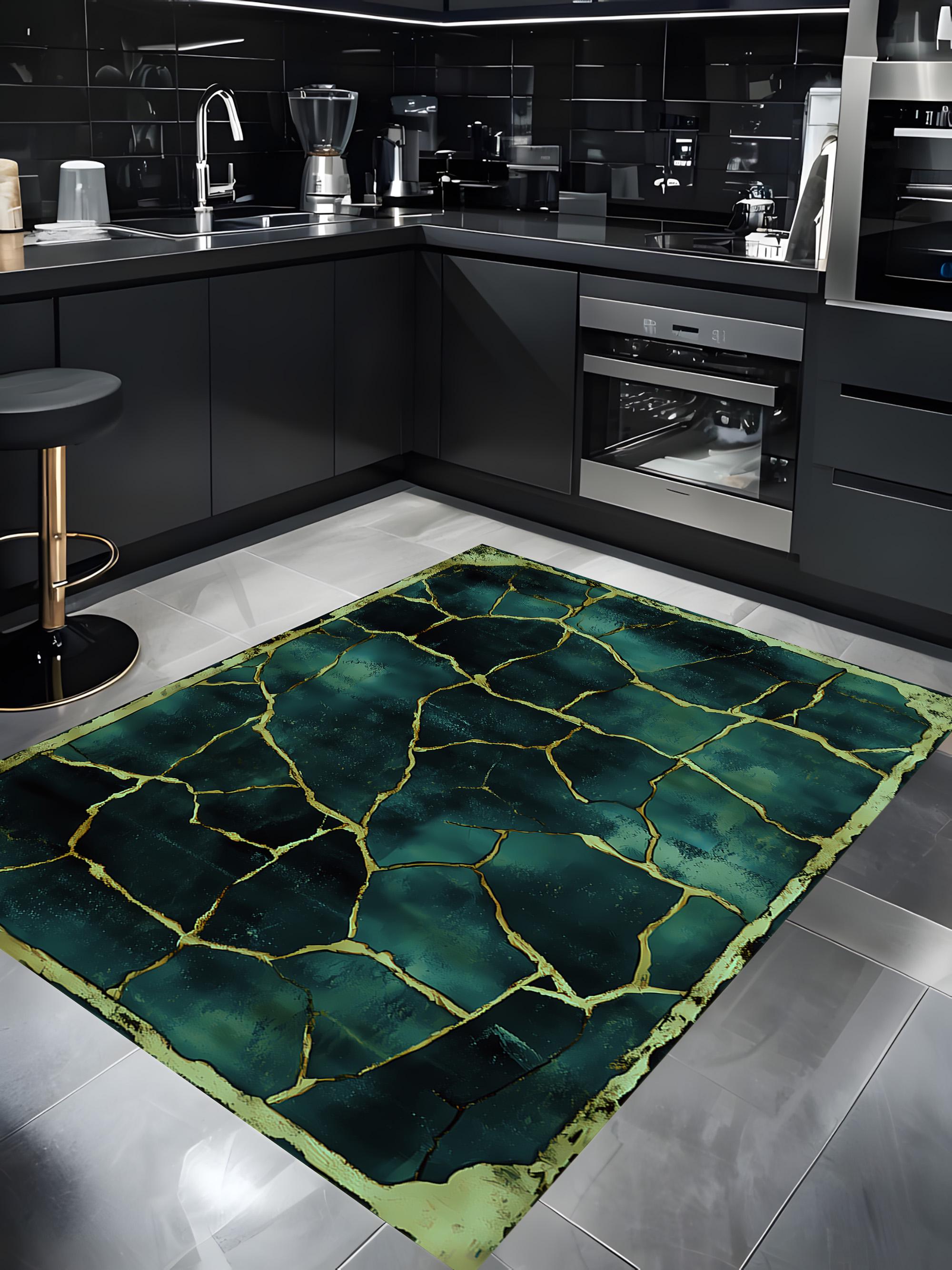 Luxury Emerald Green Rug With Gold Veins, Modern Abstract Area Rug ...