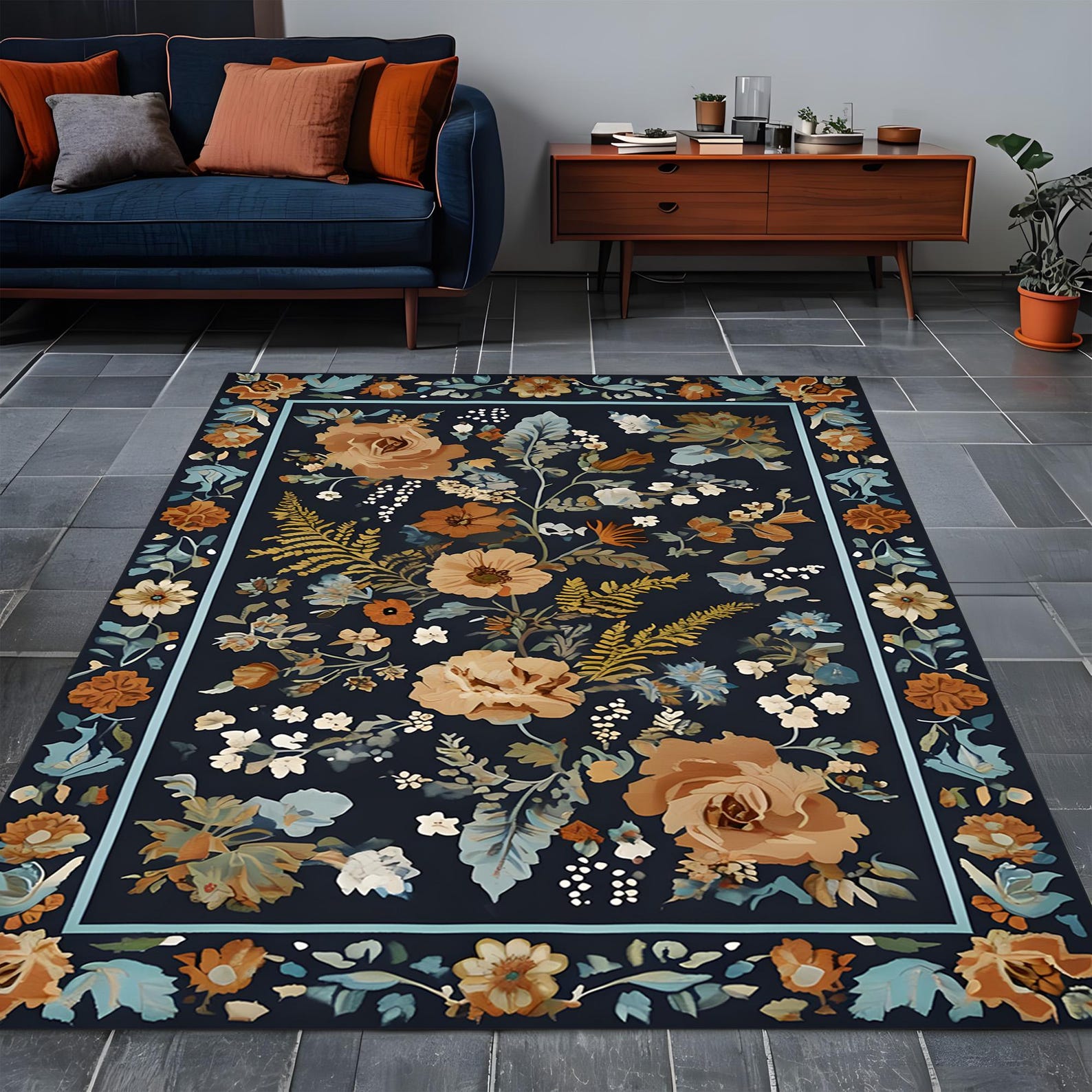 Vintage Floral Area Rug, Black Botanical Carpet, Large Boho Rug for ...