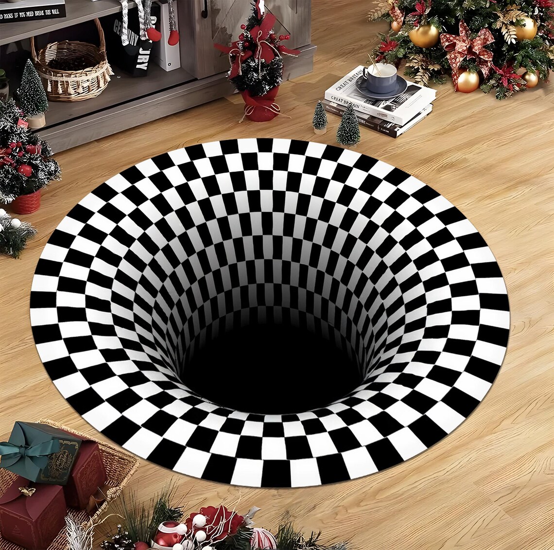 Optical Illusion Vortex Rug, 3D Checkered Black Hole Carpet for Living ...