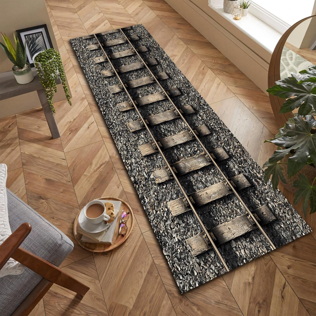 Railroad Track Rug Illusion Hallway Runner, 3D Rustic Train Track ...