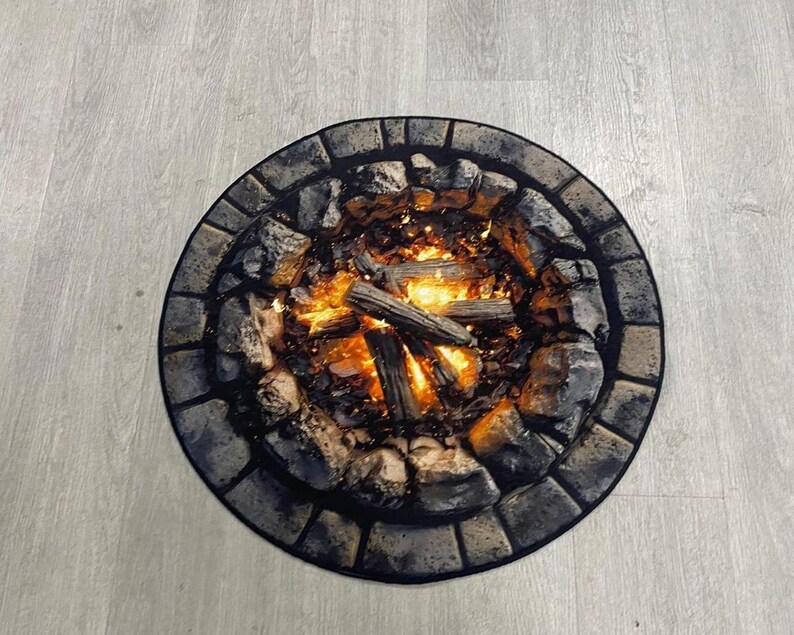 Round Campfire Rug for Living Room, 3D Fire Pit Floor Mat With Stone ...